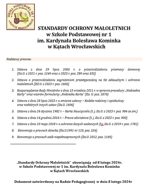 STANDARDY OCHRONY MAŁOLETNICH Szkoła Podstawowa nr1 im Kardynała
