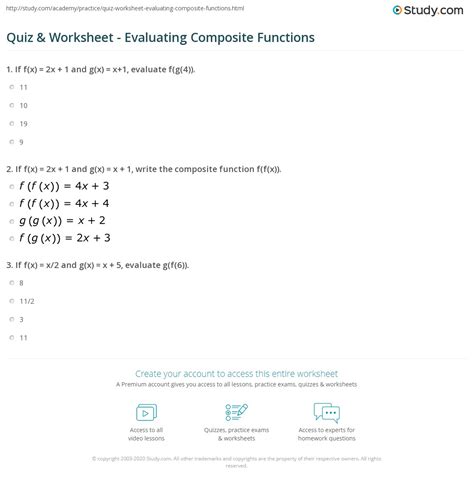 quiz and worksheet evaluating composite functions