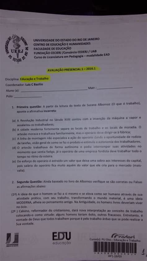 Ap1 Educação e Trabalho Cederj Uerj Educação e Trabalho