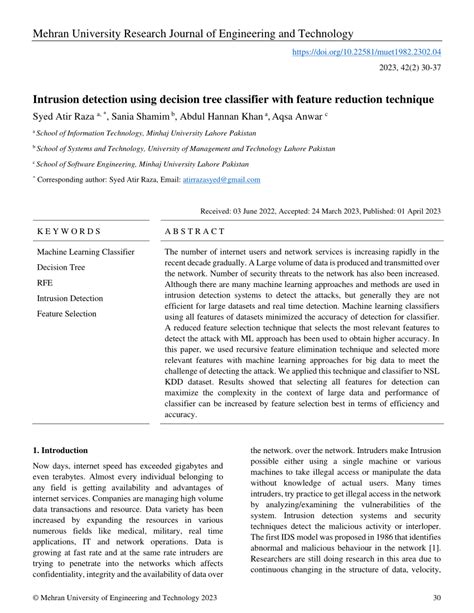 pdf intrusion detection using decision tree classifier with feature reduction technique