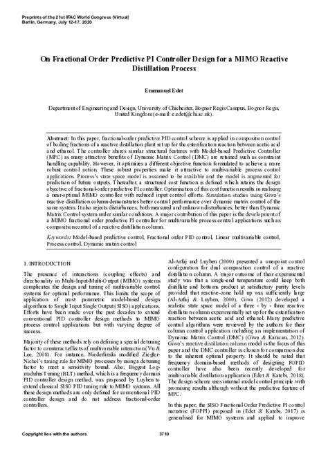 pdf on fractional order predictive pi controller design for a mimo reactive distillation