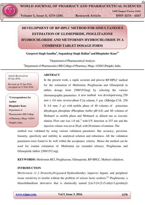 pdf development of rp hplc method for simultaneous estimation of glimepiride pioglitazone