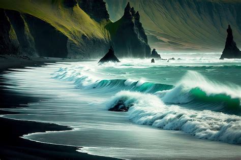 Olas verdes blancas del océano en la pintoresca playa de islandia