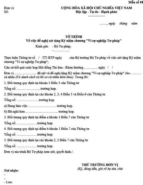 Mẫu Tờ trình đề nghị xét tặng Kỷ niệm chương Vì sự nghiệp Tư pháp mới