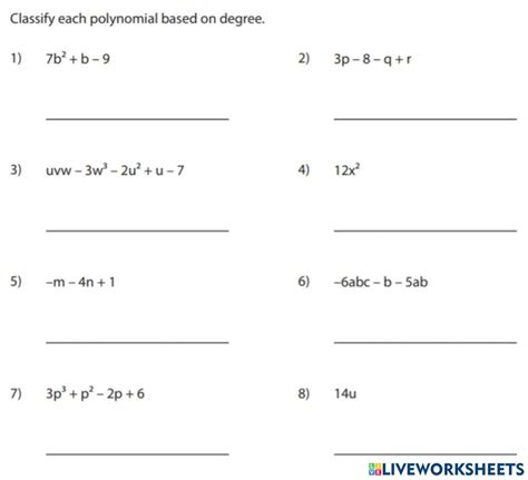 Classifying Polynomials By Its Degree Worksheet Live Worksheets