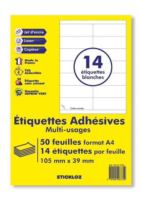 50 planches a4 14 étiquettes 105 mm x 39 mm autocollantes blanche par