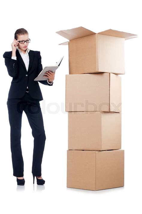 Frau Unternehmerin Mit Boxen Auf Wei Em Stock Bild Colourbox
