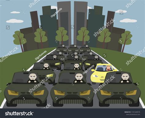 Cars Standing Traffic Jam Funny Vector Stock Vector Royalty Free