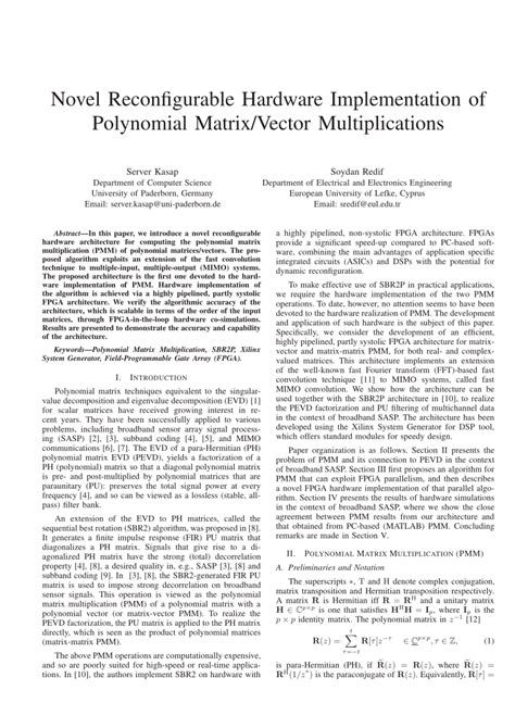 pdf novel reconfigurable hardware implementation of polynomial matrix vector multiplications
