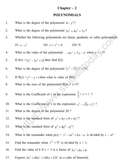 polynomials worksheet grade 9 cbse