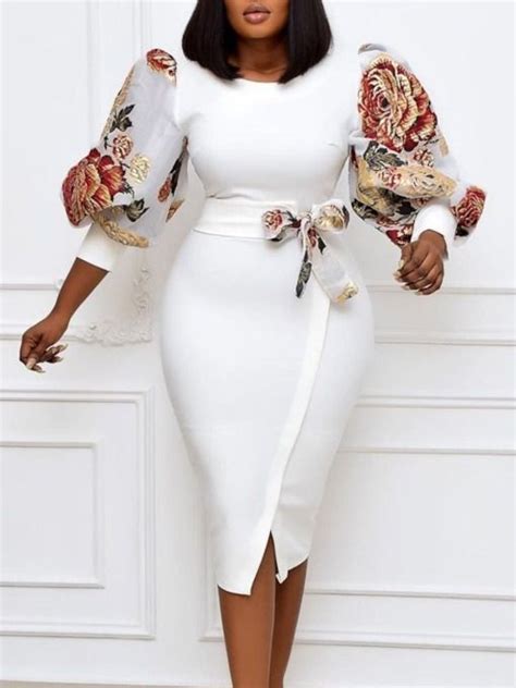 Split Three Quarter Sleeve Mid Calf Round Neck Puff Sleeve Women S