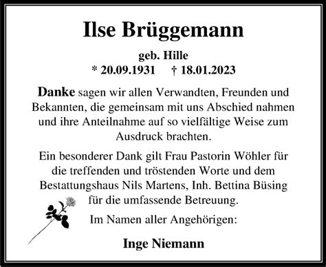 Traueranzeigen von Ilse Brüggemann nordwest trauer de