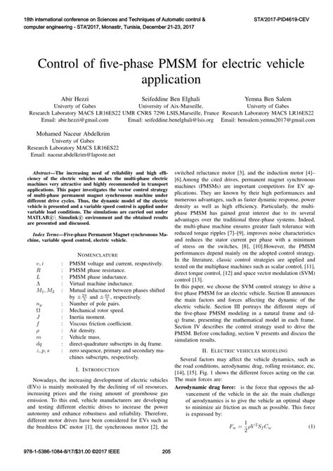 pdf control of five phase pmsm for electric vehicle application