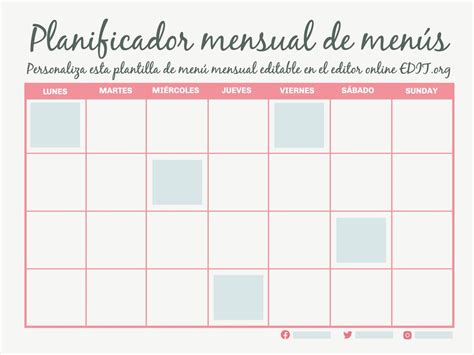 Plantillas de planificador de menú mensual