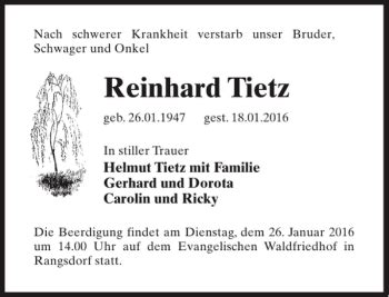 Traueranzeigen Von Reinhard Tietz Trauer Anzeigen De