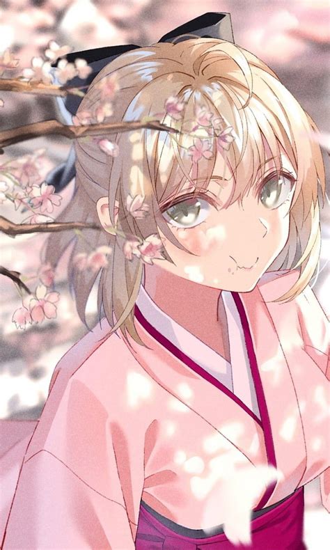 768x1280 Okita Souji Fate Grand Order Sakura Blossom Kimono Petals