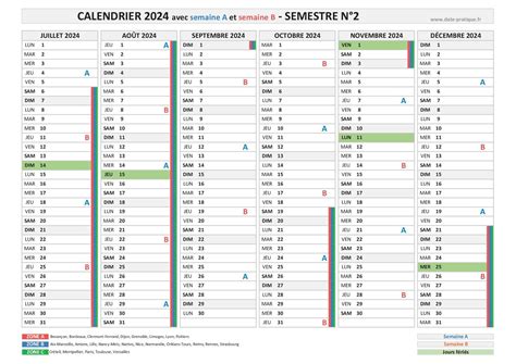 Calendrier semestriel 2024 à consulter télécharger en pdf et imprimer
