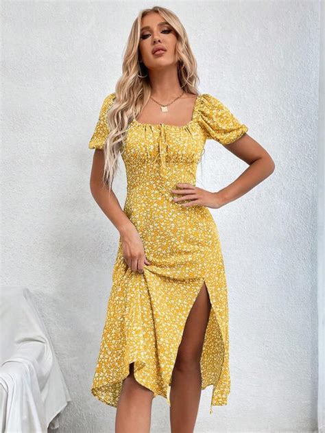 SHEIN Frenchy Impressão Floral Dits Nó Frontal Coxa Dividida Vestido
