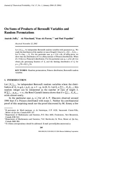 pdf on sums of products of bernoulli variables and random permutations anatole joffe and