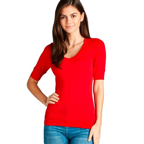 Womens Basic Elbow Sleeve V Neck Cotton T Shirt Plain Top Plus Size Available