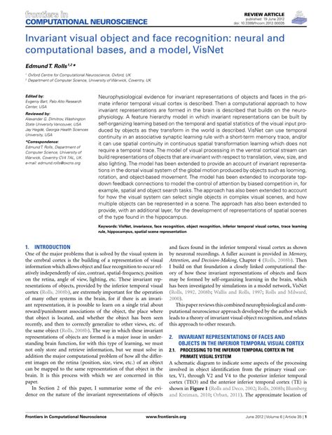 pdf invariant visual object and face recognition neural and computational bases and a model