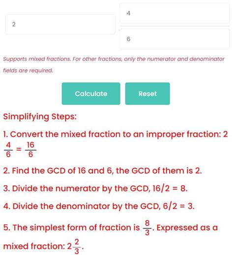 simplifying fractions calculator with steps support mixed fractions all math symbols
