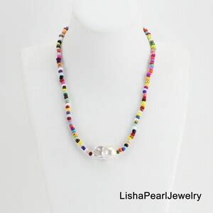 Rainbow Bead Necklace Large Freshwater Baroque Pearl And Colorful Bead