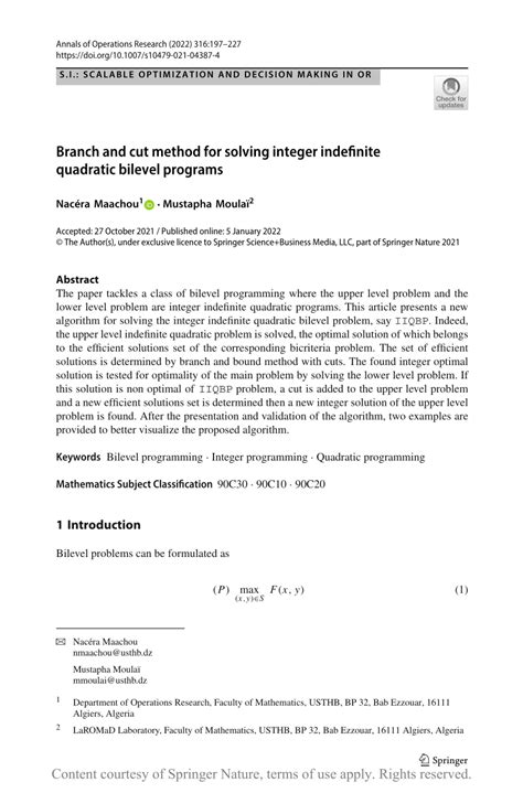 branch and cut method for solving integer indefinite quadratic bilevel programs request pdf