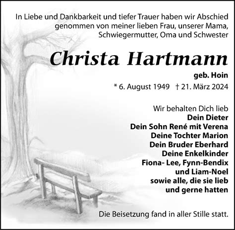 Traueranzeigen Von Christa Hartmann Trauer Anzeigen De