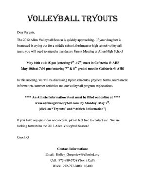Fillable Online Allen Volleyball Tryouts FRESHMAN Allen Eagles