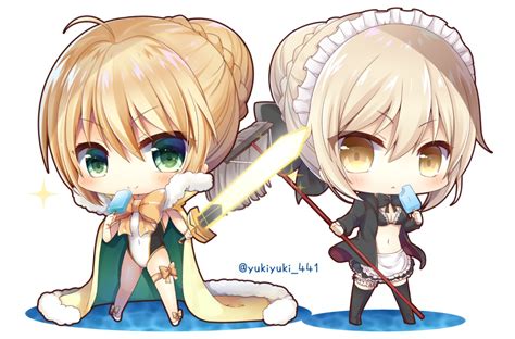 Apron Artoria Pendragon All Bikini Blonde Hair Bow Braids Breasts Cape Chibi Cleavage Fate
