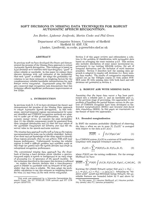 pdf soft decisions in missing data techniques for robust automatic speech recognition