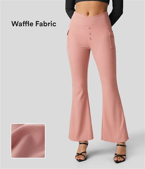 Womens High Waisted Crossover Invisible Zipper Button Side Flap Pocket