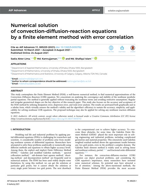 pdf numerical solution of convection diffusion reaction equations by a finite element method