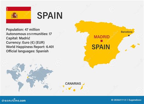 Highly Detailed Spain Map With Flag Capital And Small Map Of The World