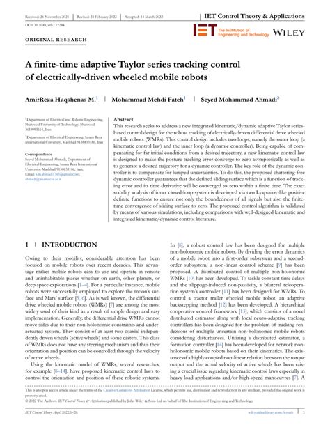 pdf a finite‐time adaptive taylor series tracking control of electrically‐driven wheeled