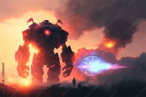 Post Apocalypse Concept Uprising Of Robots Battle Of Man And Cyborg