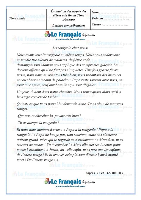 Examen Lecture Compr Hension Me Ann E Trimestre Le Fran Ais Du