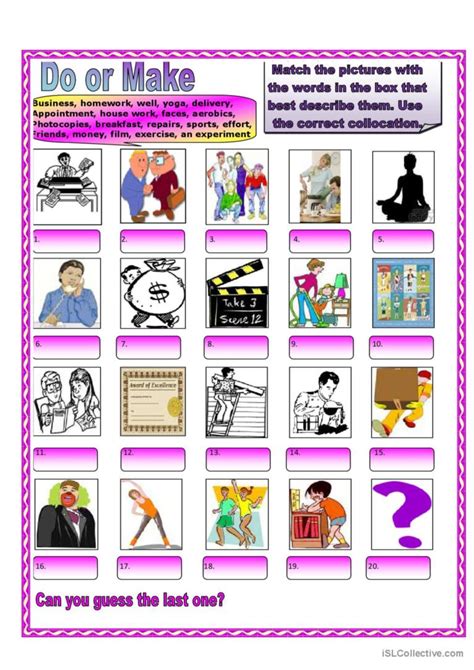 Do Or Make Collocations Pictionary G English ESL Worksheets Pdf Doc