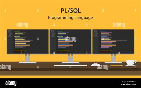 illustration of pl sql programming language code displayed on three monitor in a row at