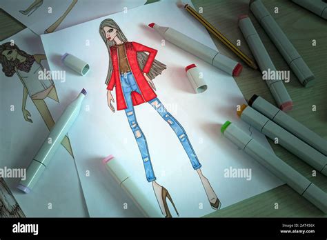 Fashion Sketches And Colored Crayons Stock Photo Alamy