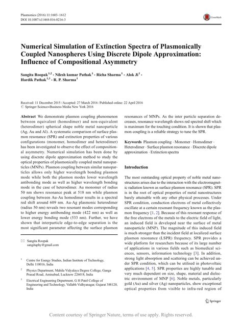 numerical simulation of extinction spectra of plasmonically coupled nanospheres using discrete
