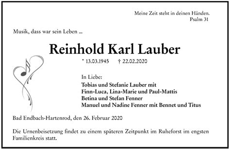 Traueranzeigen Von Reinhold Karl Lauber Vrm Trauer De