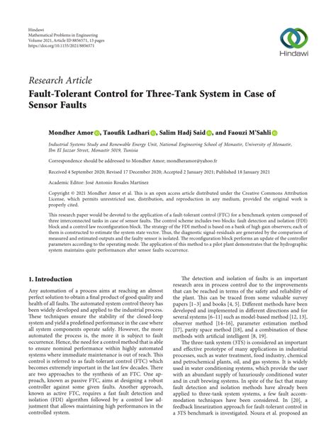 pdf fault tolerant control for three tank system in case of sensor faults