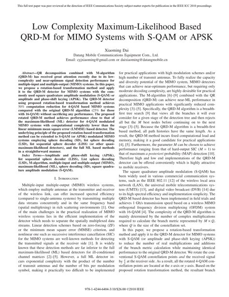 pdf low complexity maximum likelihood based qrd m for mimo systems with s qam or apsk