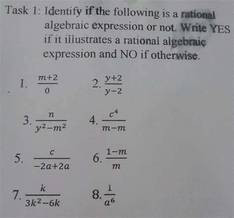 identify if the following is a rational algebraic expression or not write yes if it illustrates