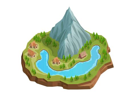 Isometric Mountain With Lake And Village 28790319 Vector Art At Vecteezy