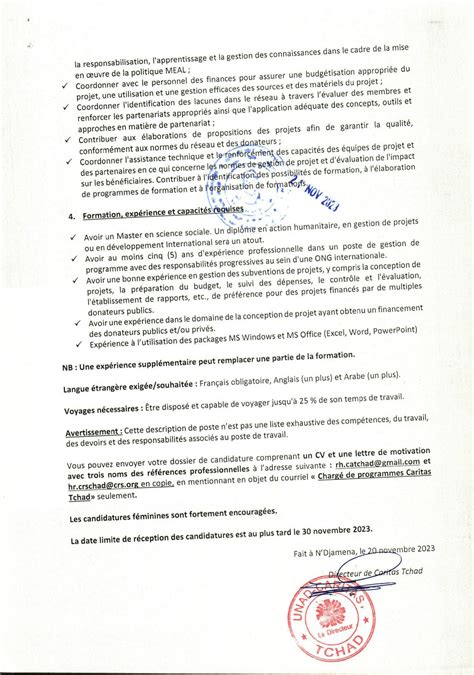 Caritas Tchad recrute un e Chargé e de programme NDjamena Tchad