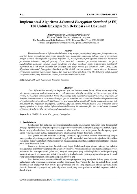 pdf implementasi algoritma advanced encryption standard aes 128 untuk enkripsi dan dekripsi