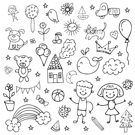 Ilustración vectorial de doodle lindo para niños conjunto dibujado a